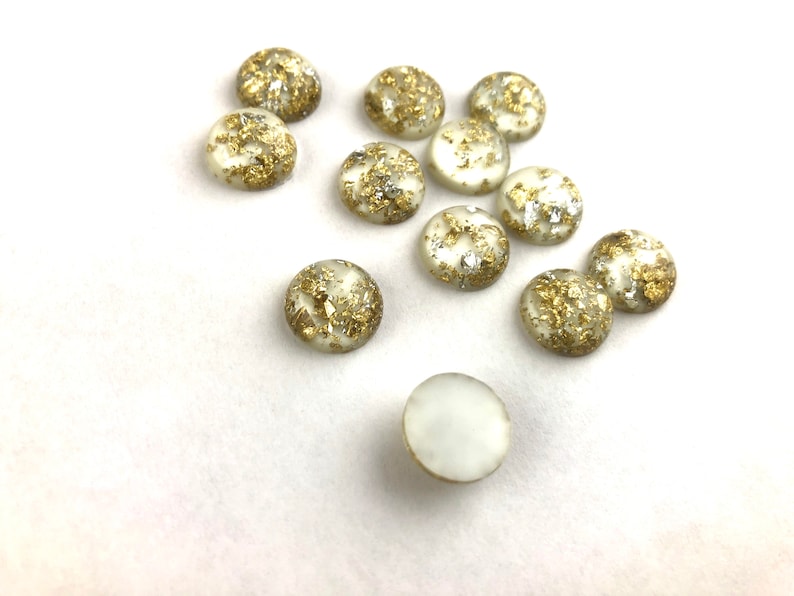 10pcs 12mm White Gold Cabochons - Gold Flecks Foil Leaf Flat Back Round ...
