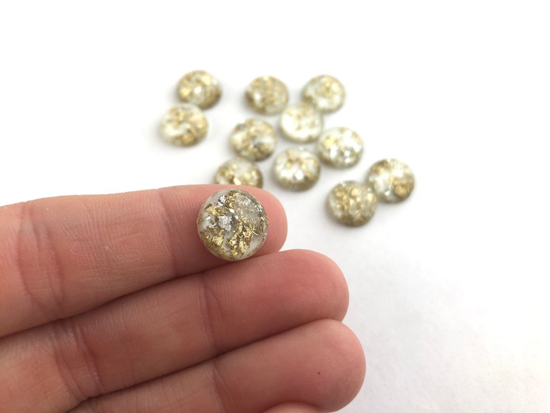 10pcs 12mm White Gold Cabochons - Gold Flecks Foil Leaf Flat Back Round ...