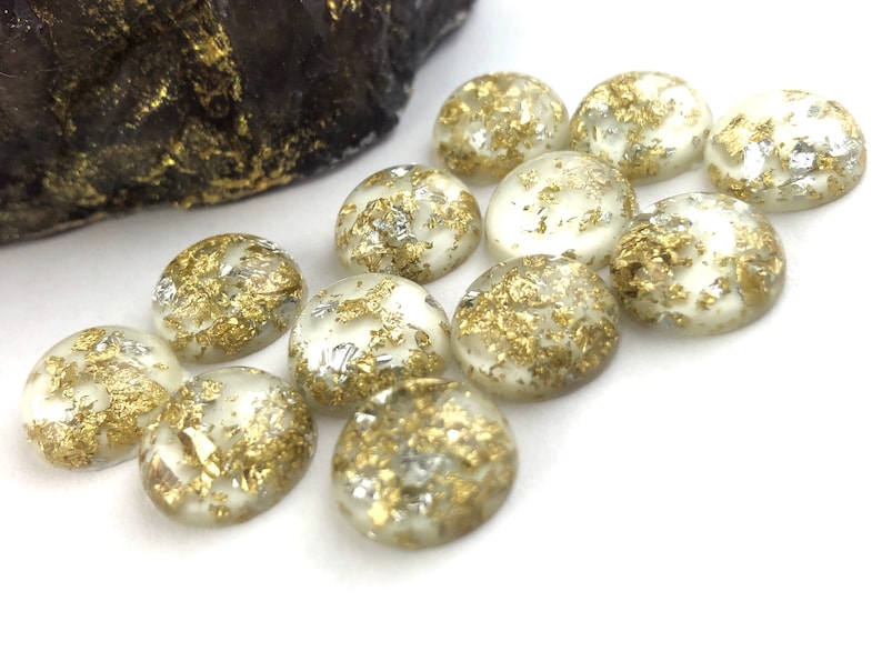 10pcs 12mm White Gold Cabochons - Gold Flecks Foil Leaf Flat Back Round ...