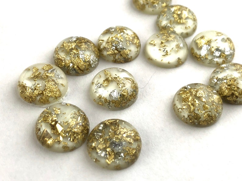 10pcs 12mm White Gold Cabochons - Gold Flecks Foil Leaf Flat Back Round ...