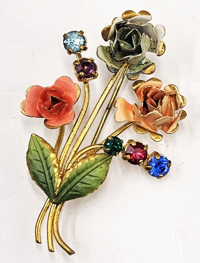 Vintage Enamel Roses Leaves Colorful Rhinestones Brooch Made in Austria - Etsy