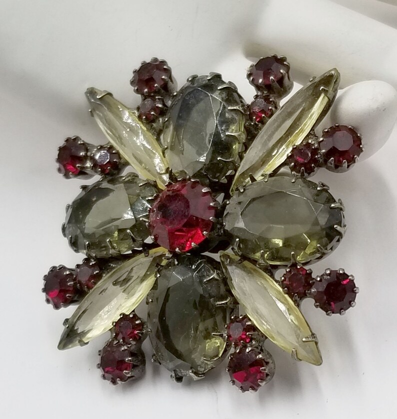 Schreiner Red Chatons Oval Smoke Clear Navettes Rhinestone Brooch ...