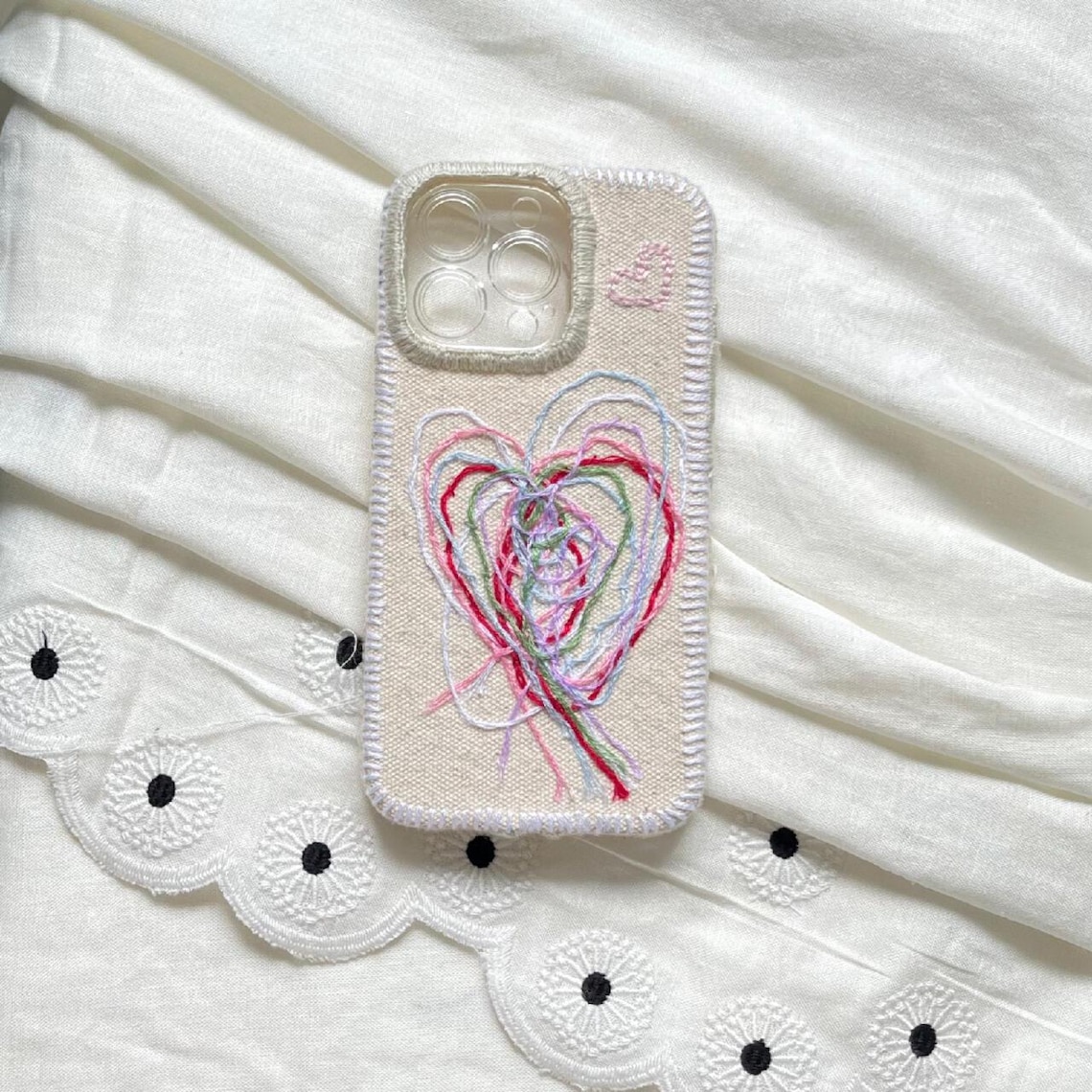 Cute Heart Handmade Embroidered Phone Case,minimalist Colorful Heart ...