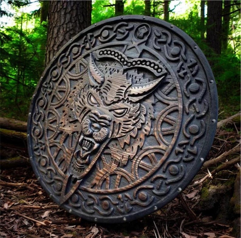 Handmade Viking Fenrir Shield & Axe Set–carved Wooden Round Shield With ...