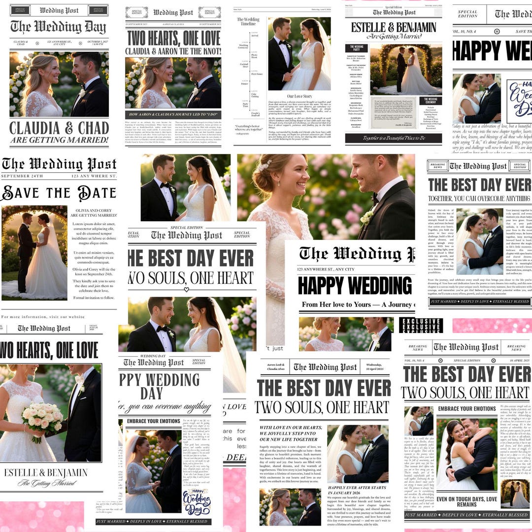 Wedding Newspaper Template Bundle | 14 Editable Canva Designs | 9x11 ...