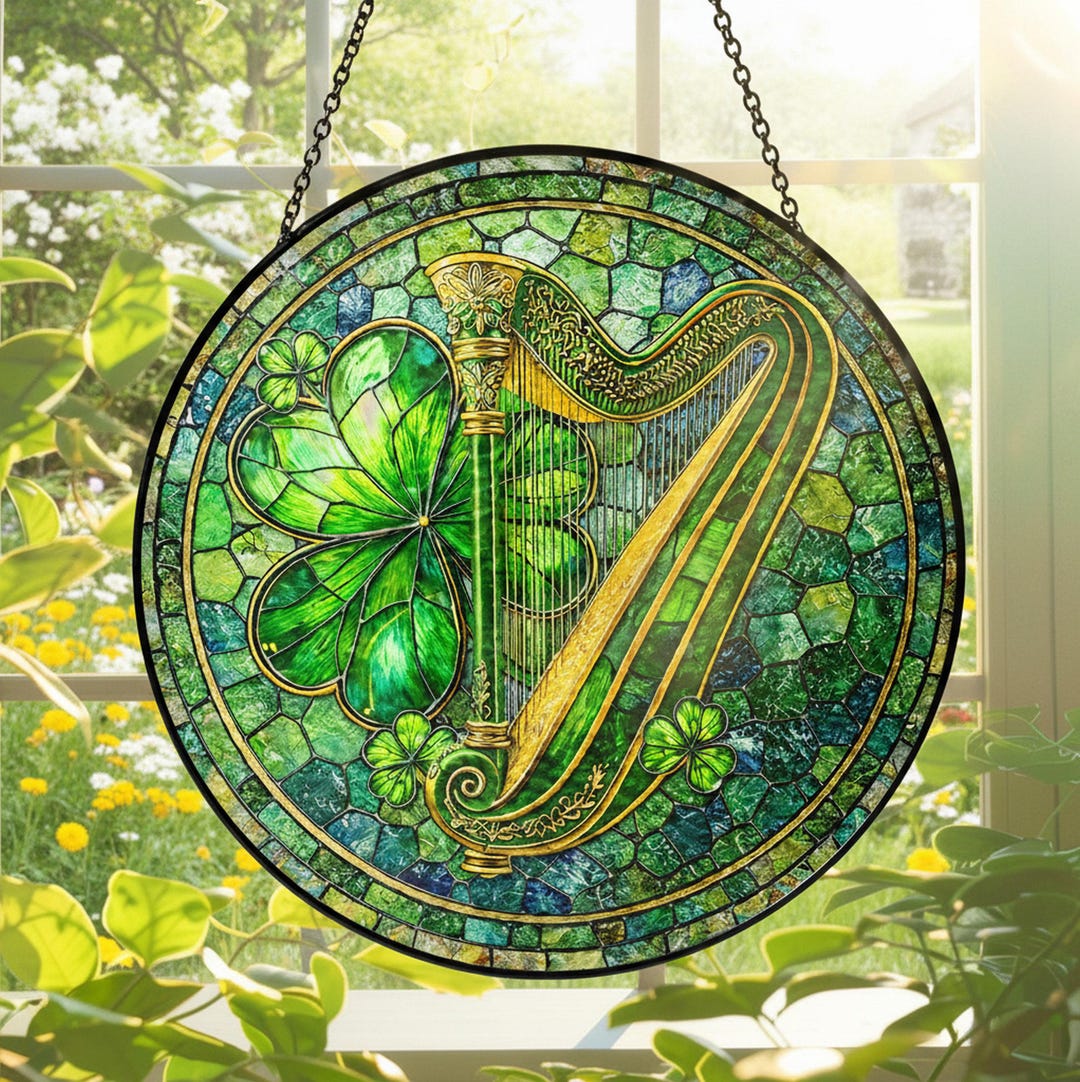 Shamrock Celtic Harp Glass Suncatcher – St. Patrick’s Day Irish Window ...