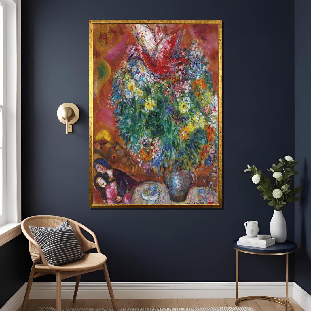 Marc Chagall Art Print Colorful Flowers & Lovers Wall Decor Vintage ...
