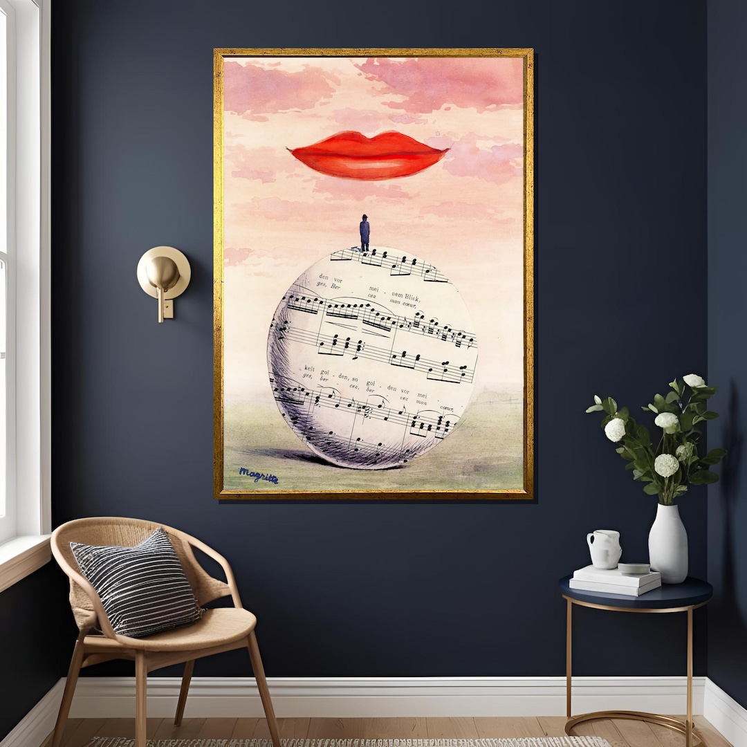 Rene Magritte Surrealist Art Print, Music & Red Lips, Dreamlike Home ...
