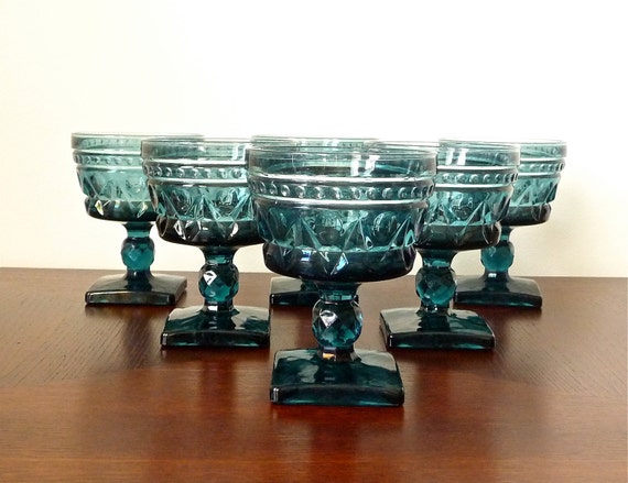 Items Similar To Blue Pressed Glass Goblets Set Of 8 On Etsy