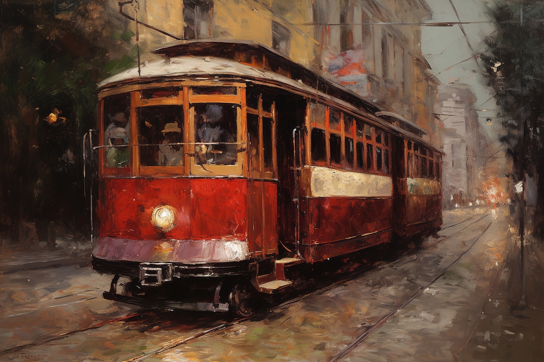 Old Tram Painting, Vintage Wall Art, Red Nostalgic Tram, Tram Canvas ...