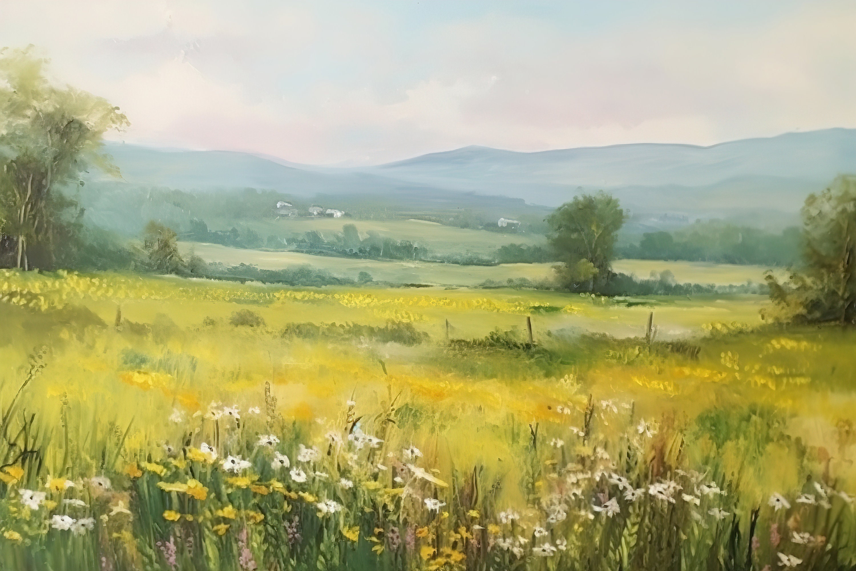 Wildflower Landscape Oil Painting, Landscape Art Print, Country Field ...