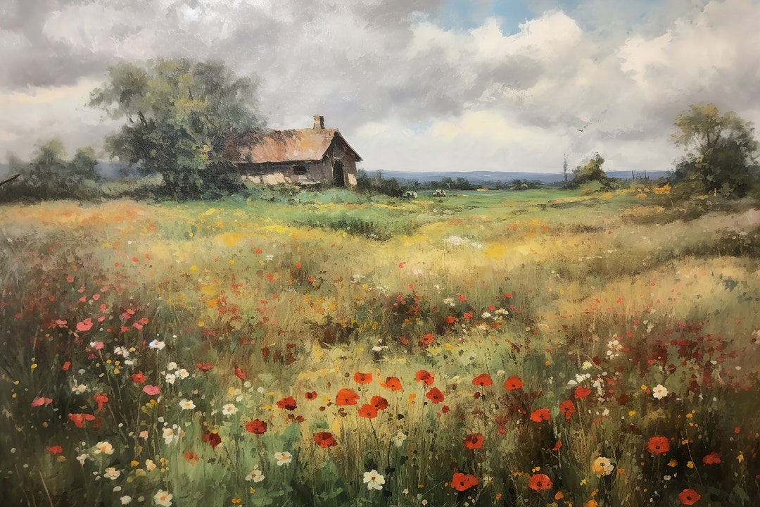 Wildflower Landscape Oil Painting,landscape Art Print,country Field ...