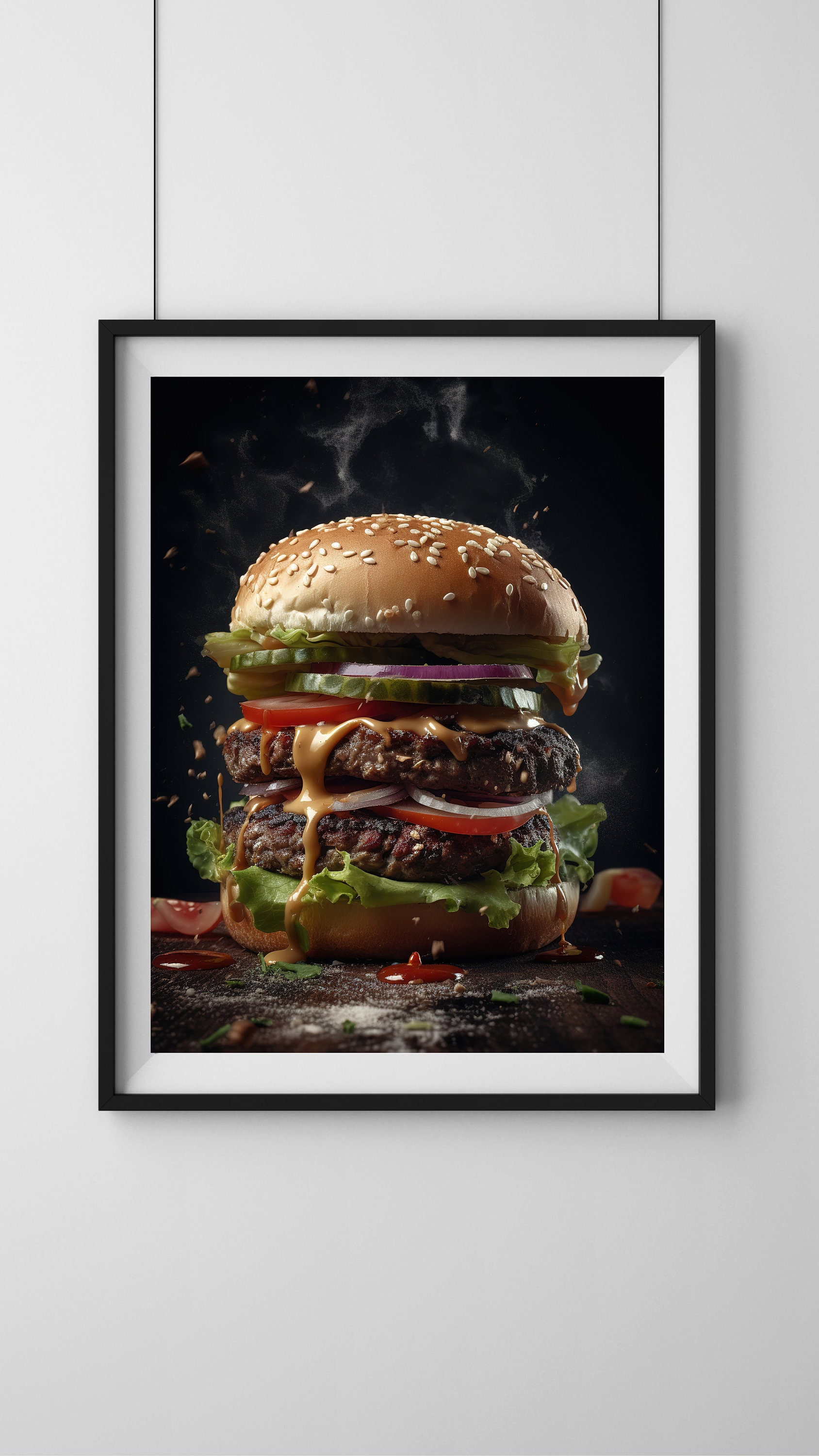 Fresh Tasty Double Burger, Wall Art, Kitchen Decor, Food Art, Digital ...
