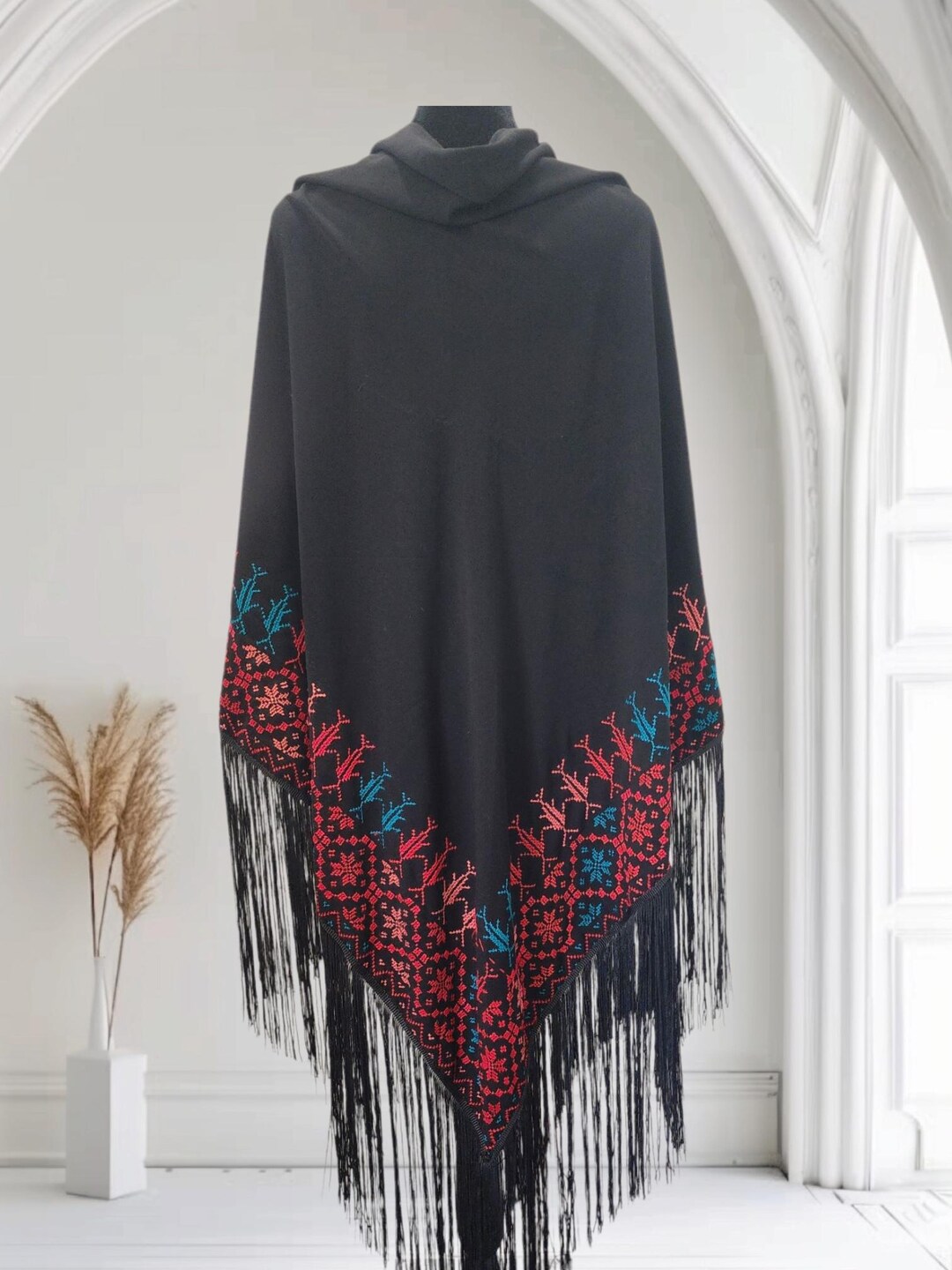 Palestinian Embroidered Shawl | Black Red Tatreez Shal | Handmade ...