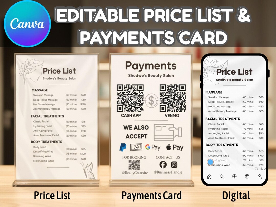 Esthetician Price List Template Canva, Salon Service Menu, Scan to Pay ...