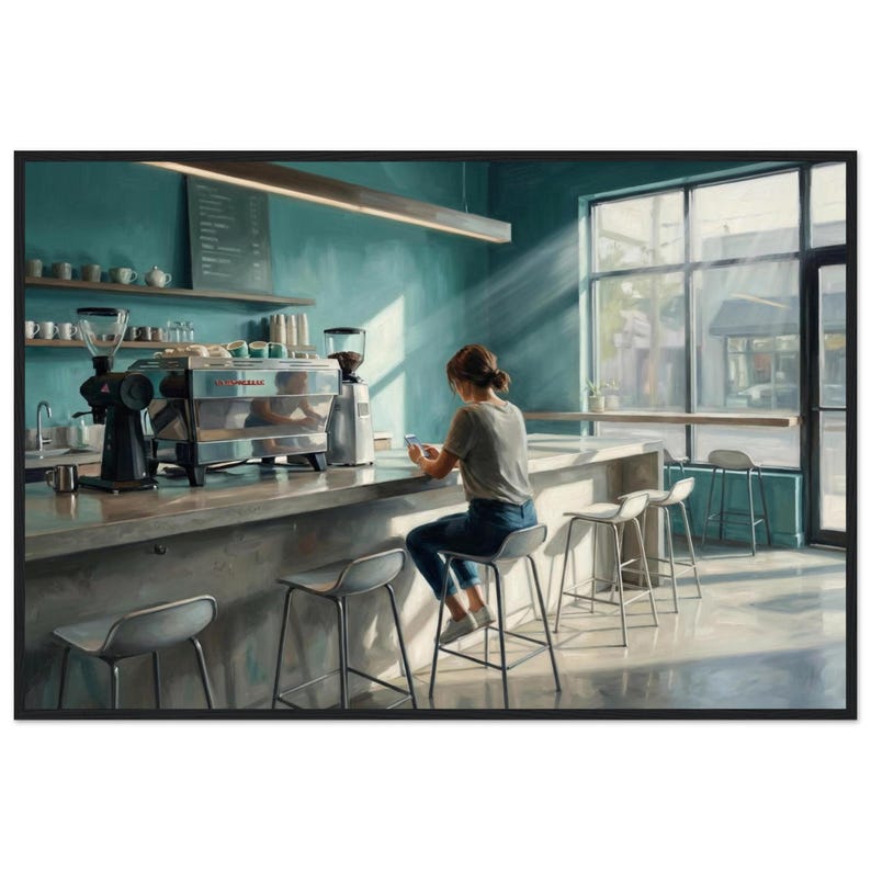 Edward Hopper-inspired Modern Cafe Espresso Bar Framed Print | Teal ...