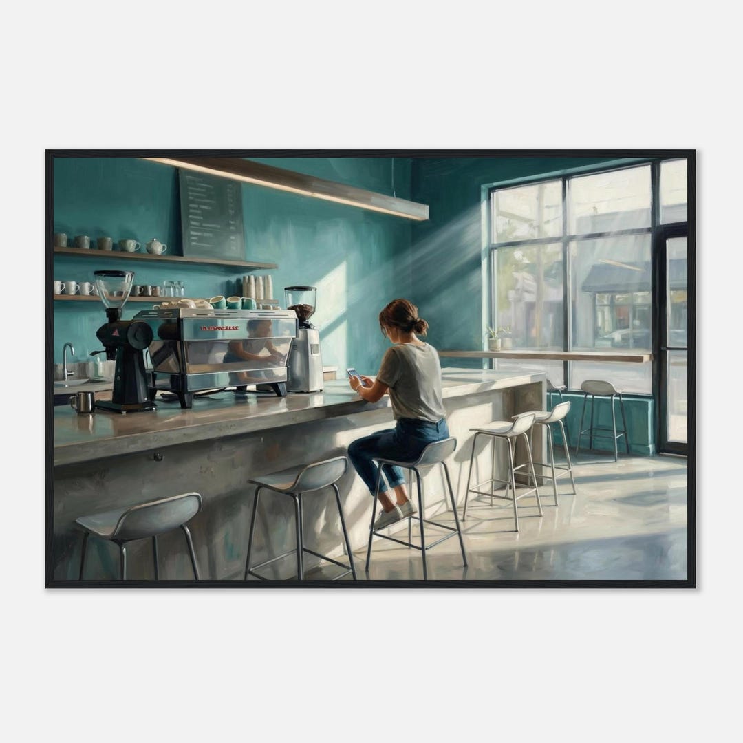Edward Hopper-inspired Modern Cafe Espresso Bar Framed Print | Teal ...