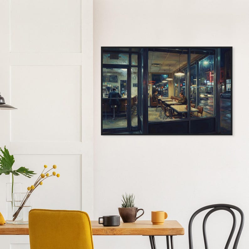 Edward Hopper-inspired City Night Diner Framed Print | Rainy Window ...