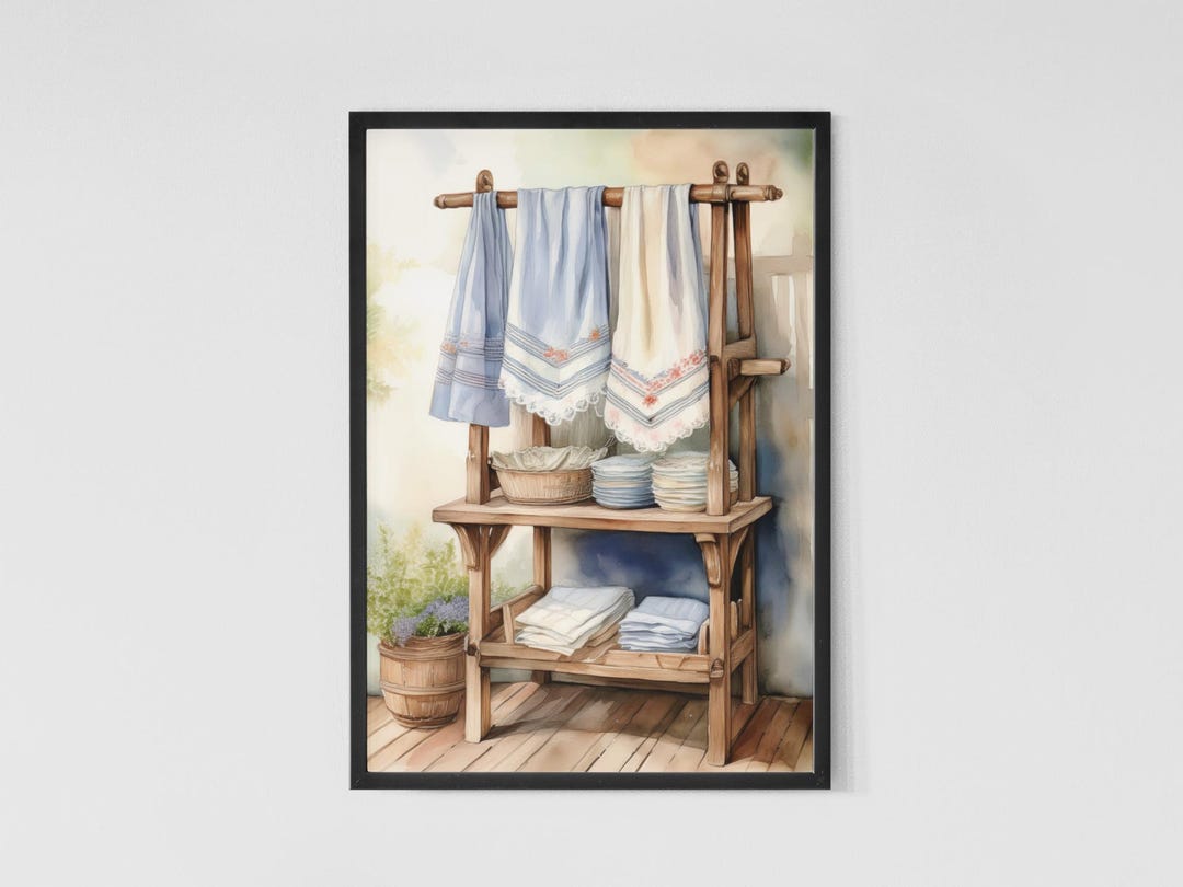 French Drying Rack Watercolor Print: Cottagecore Kitchen Art (digital ...