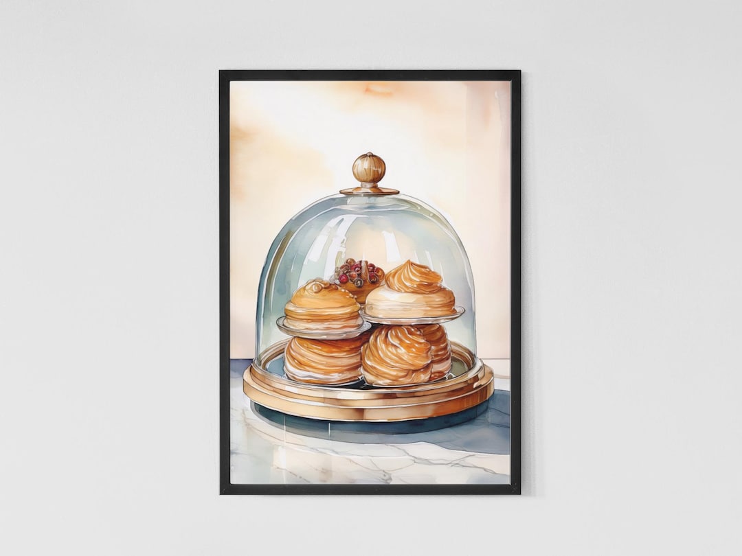 French Pastry Watercolor Print: Croissants & Cloche (digital Download ...