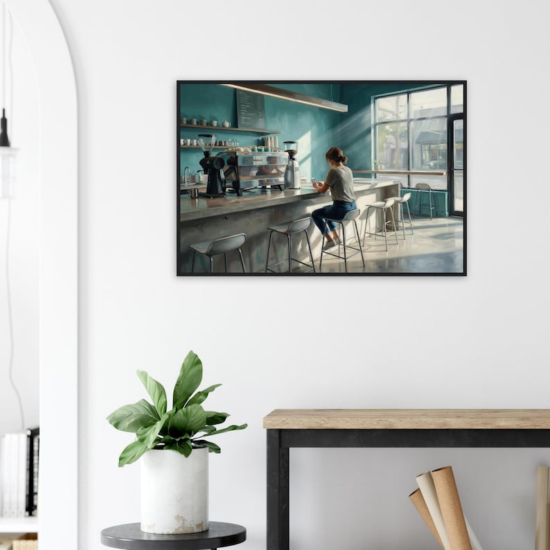 Edward Hopper-inspired Modern Cafe Espresso Bar Framed Print | Teal ...
