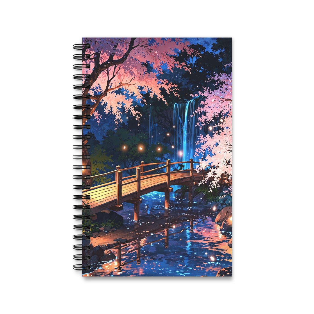 Tranquil Night Waterfall & Sakura Bridge 3 Spiral Journal | Waterfall ...