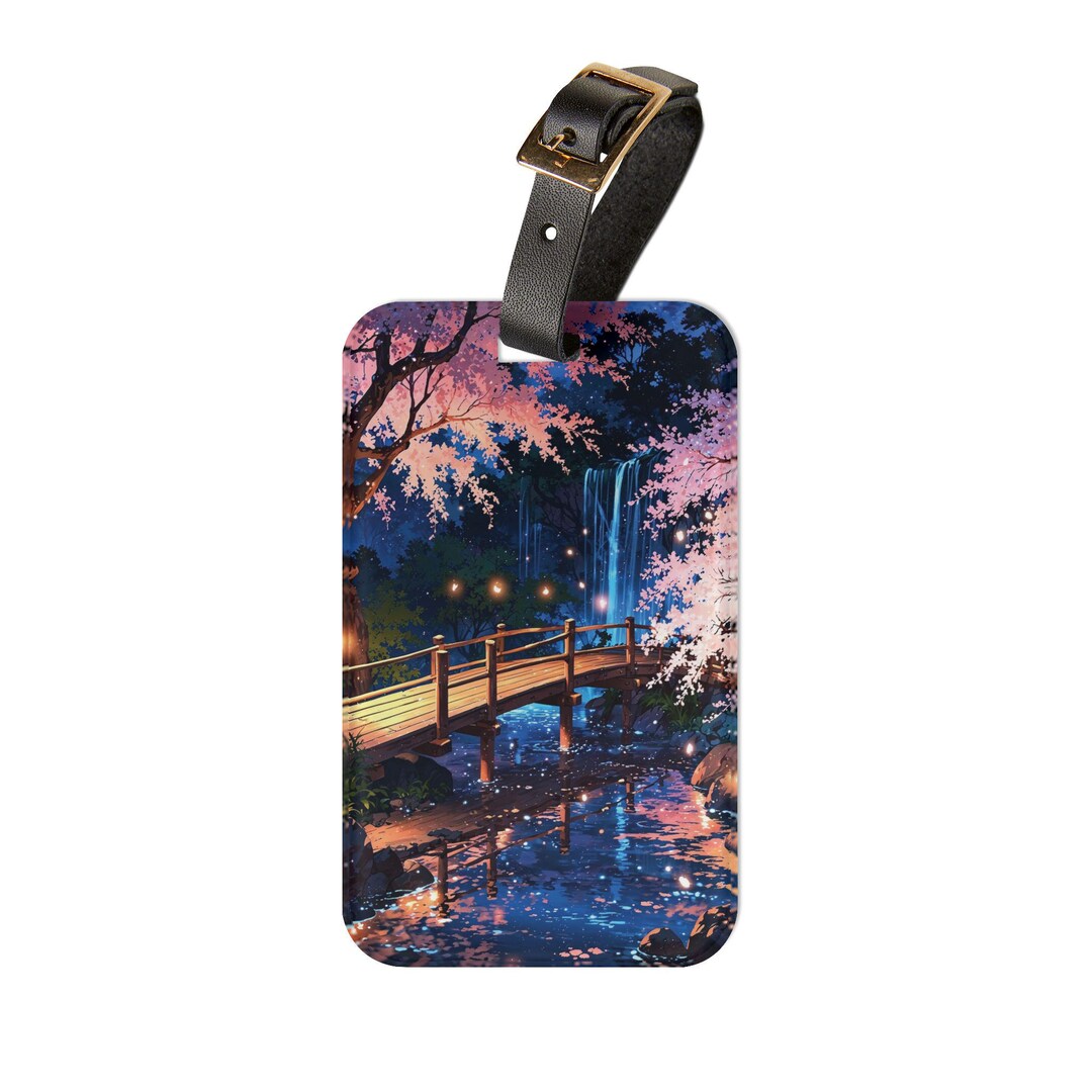 Tranquil Night Waterfall & Sakura Bridge 3 Luggage Tag | Bridge ...