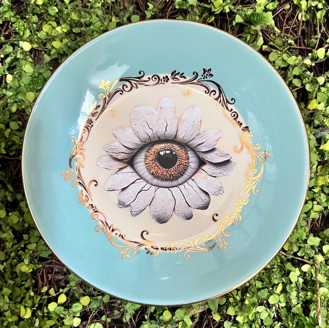 Flower Eye Collage Art on Vintage Upcycled Saucer - Etsy