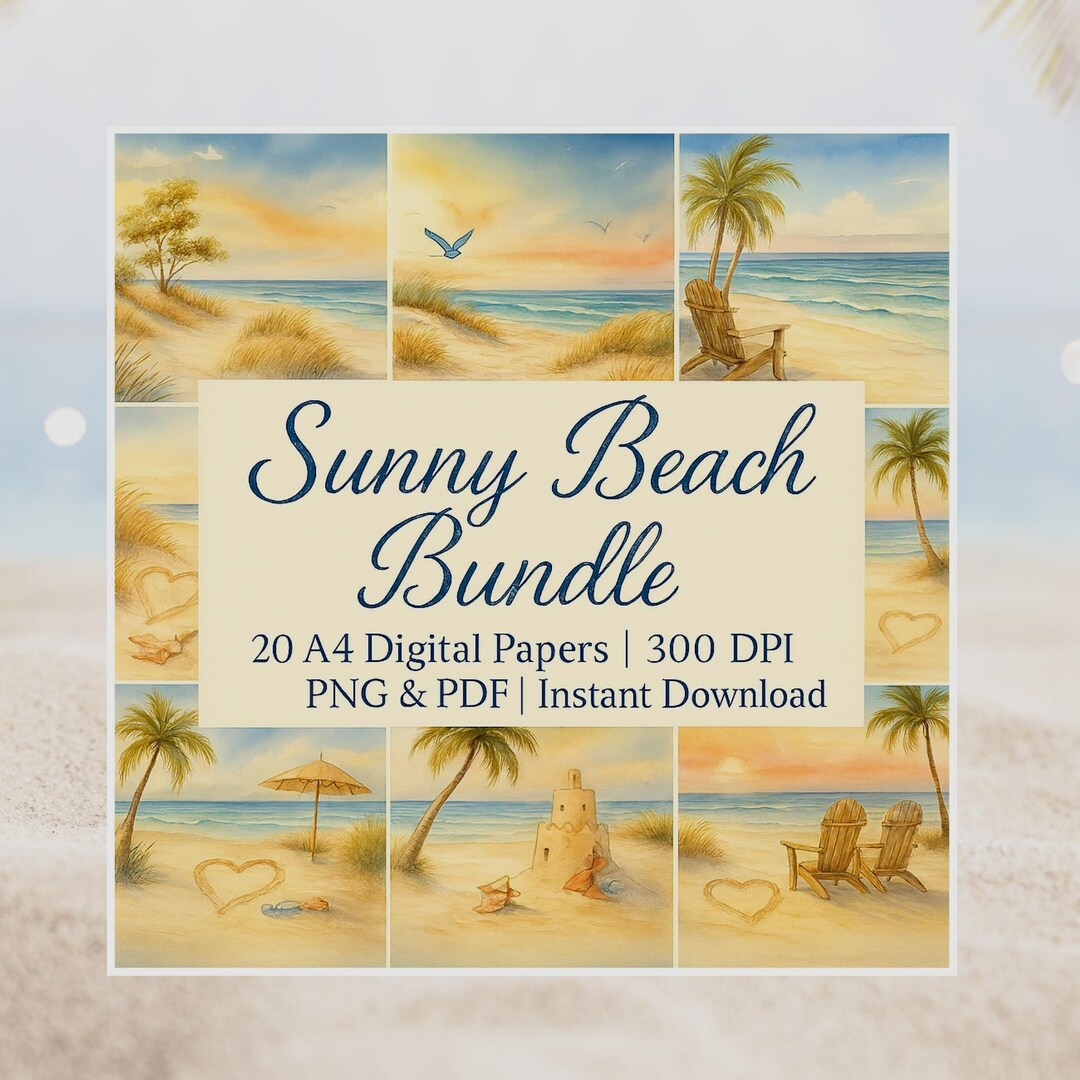 A4 Watercolor Beach Digital Papers - 16 Ocean and Coastal Scrapbook ...