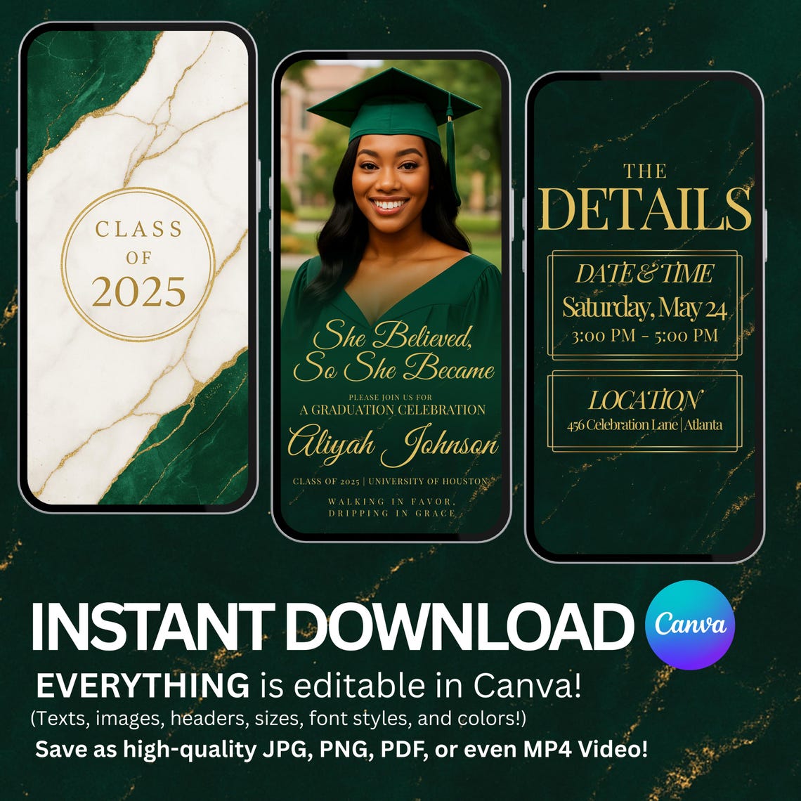 Emerald Green Graduation Invitation: Gold Marble, Class of 2025 ...