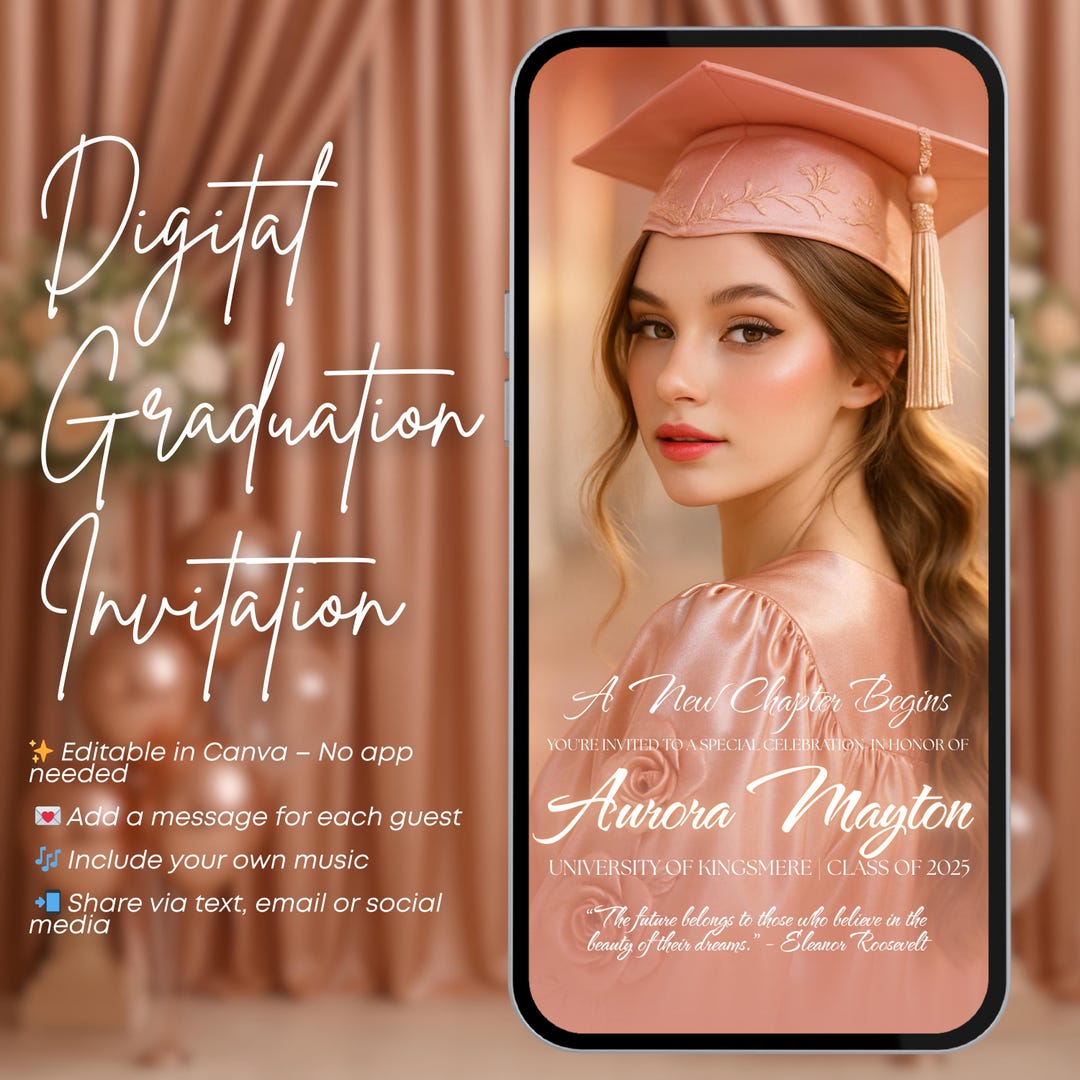 Editable Rose Gold Graduation Invitation Class of 2025 • Digital ...