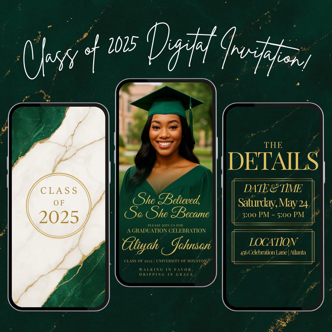 Emerald Green Graduation Invitation | Editable Canva Template | Gold ...