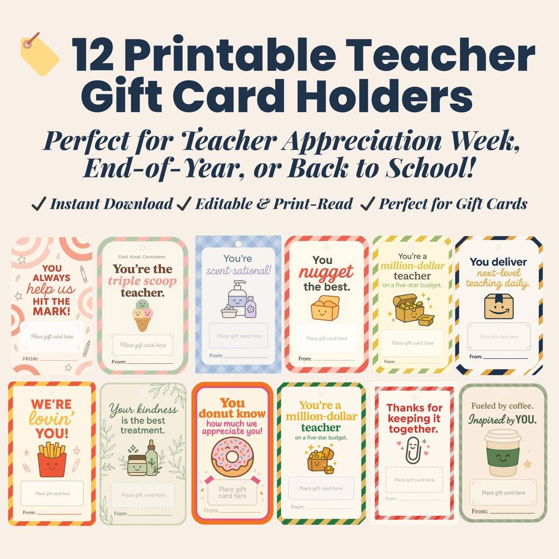 Teacher Gift Card Holder Tags Printable | Editable Canva Template | End ...