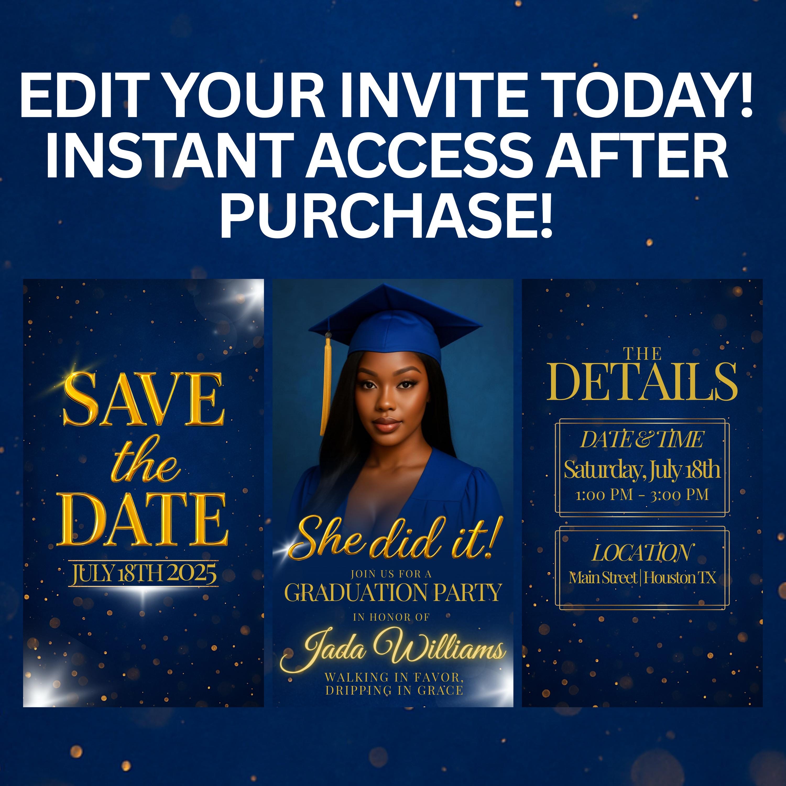 Midnight Blue Graduation Invitation, Save the Date Digital Invite ...