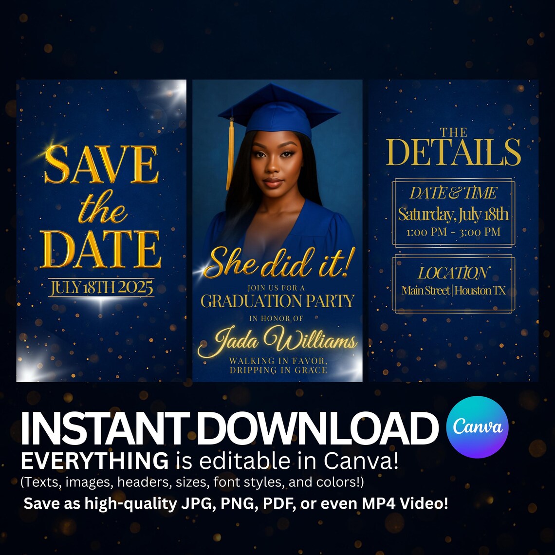 Midnight Blue Graduation Invitation, Save the Date Digital Invite ...