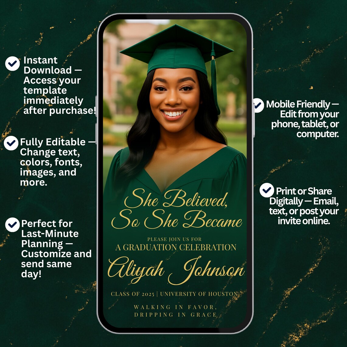 Emerald Green Graduation Invitation: Gold Marble, Class of 2025 ...