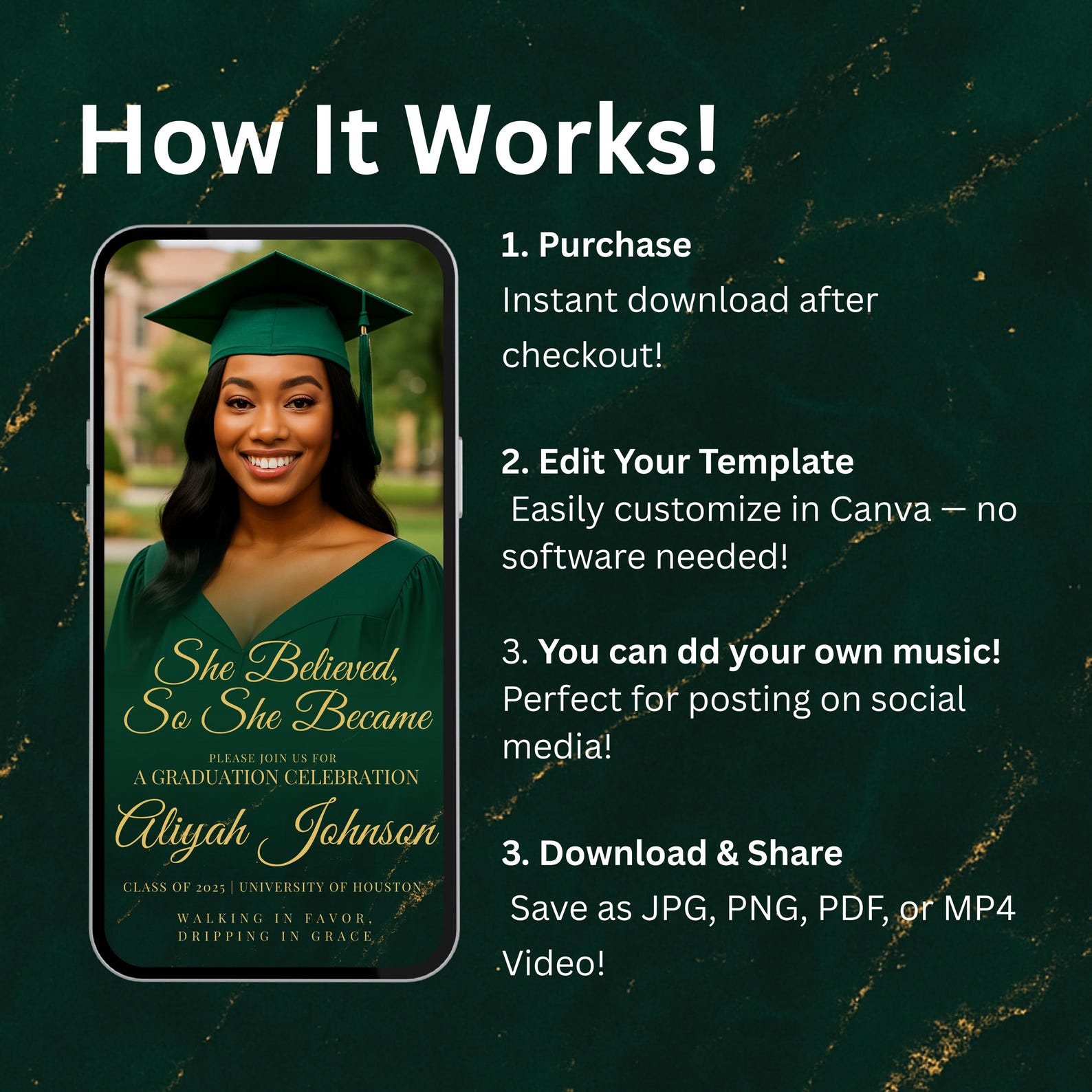 Emerald Green Graduation Invitation: Gold Marble, Class of 2025 ...