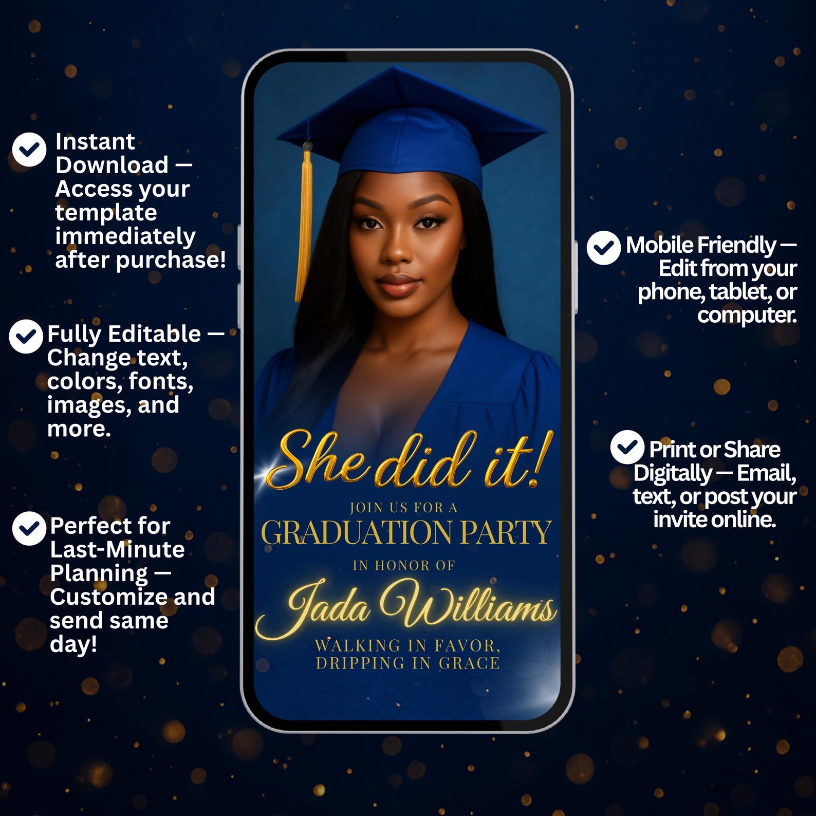 Midnight Blue Graduation Invitation, Save the Date Digital Invite ...
