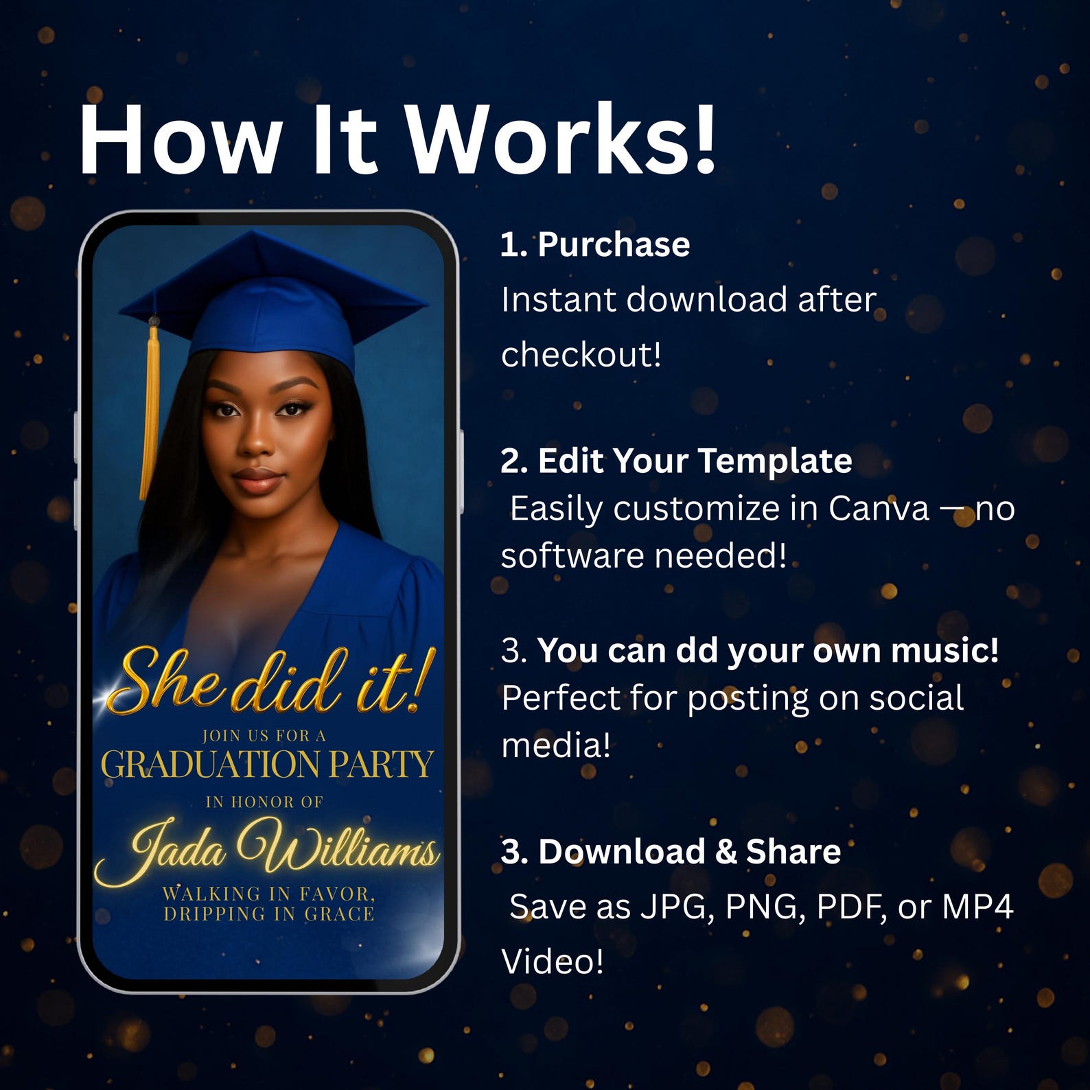 Midnight Blue Graduation Invitation, Save the Date Digital Invite ...