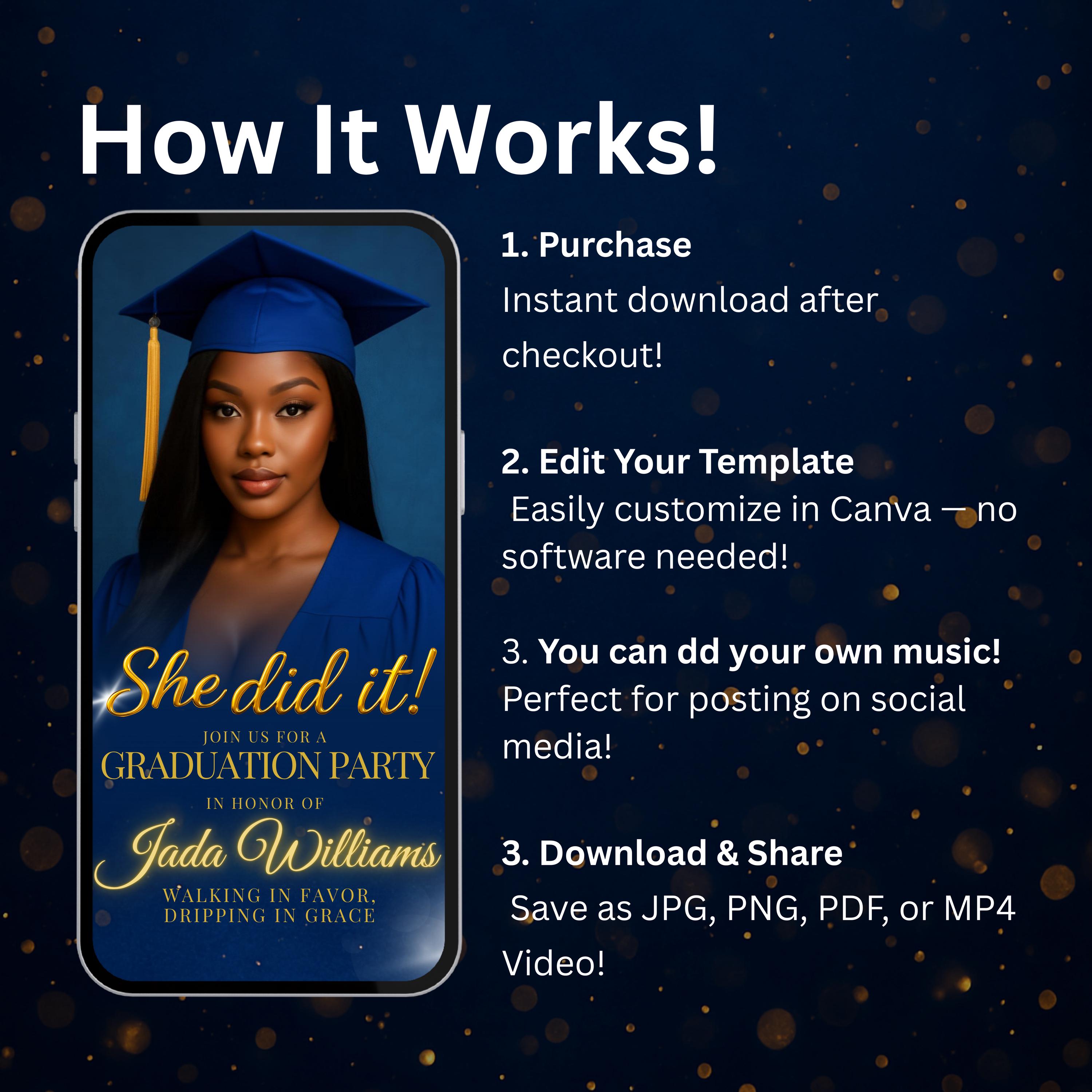 Midnight Blue Graduation Invitation, Save the Date Digital Invite ...