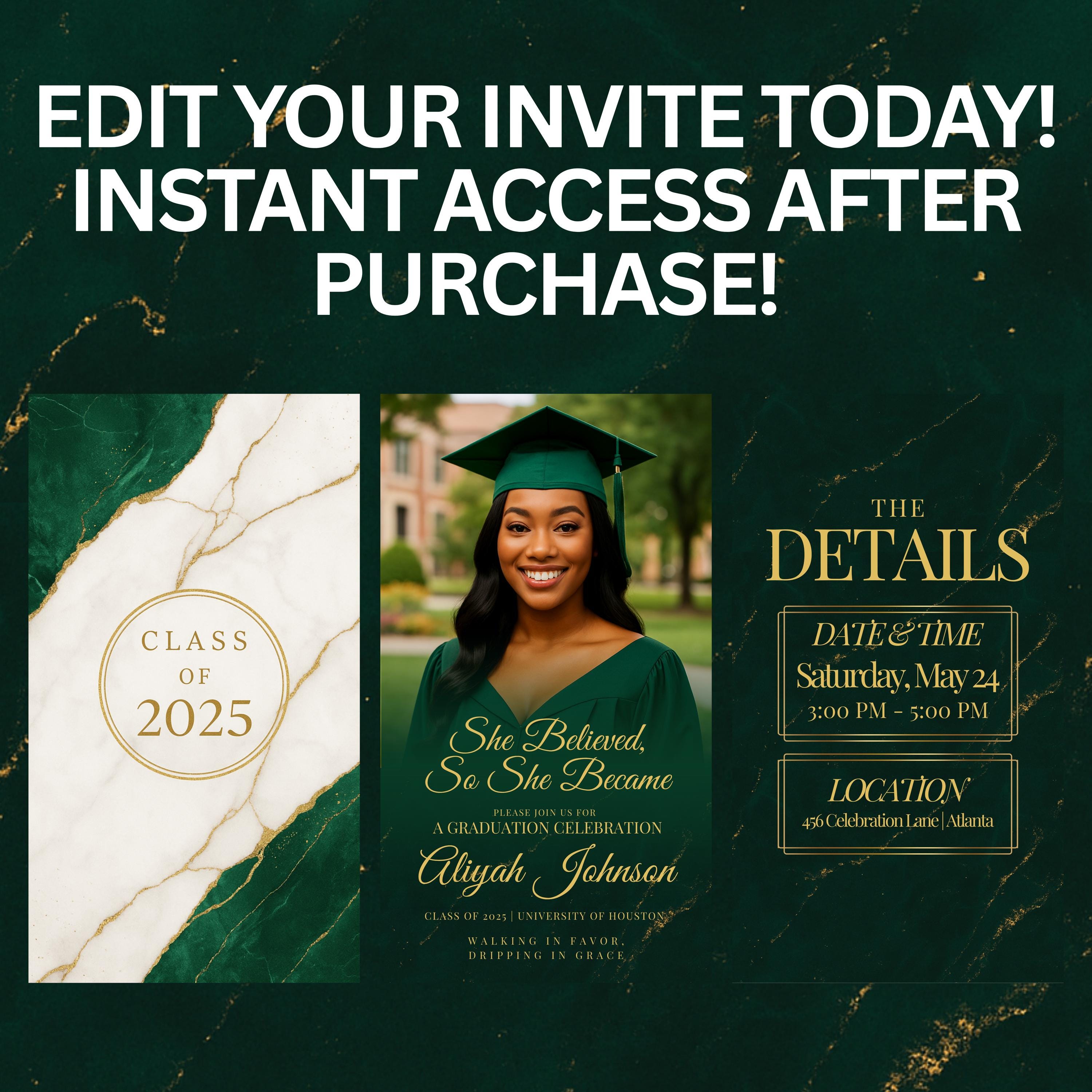 Emerald Green Graduation Invitation: Gold Marble, Class of 2025 ...