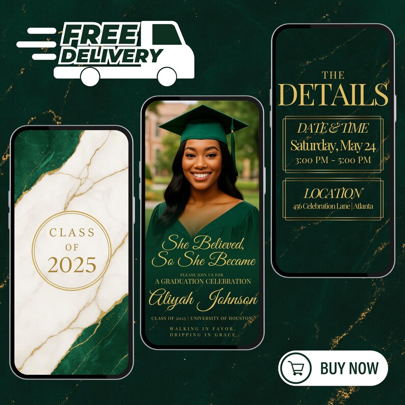 Emerald Green Graduation Invitation: Gold Marble, Class of 2025 ...
