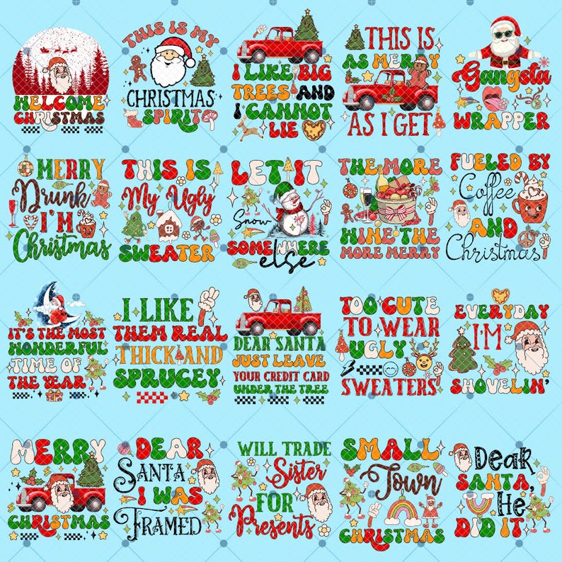 Retro Merry Christmas PNG Bundle, Santa, Trendy Xmas Designs (digital ...