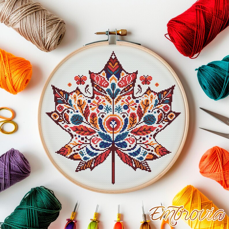 Ornamental Maple Leaf Cross Stitch Pattern – Detailed Autumn Embroidery ...