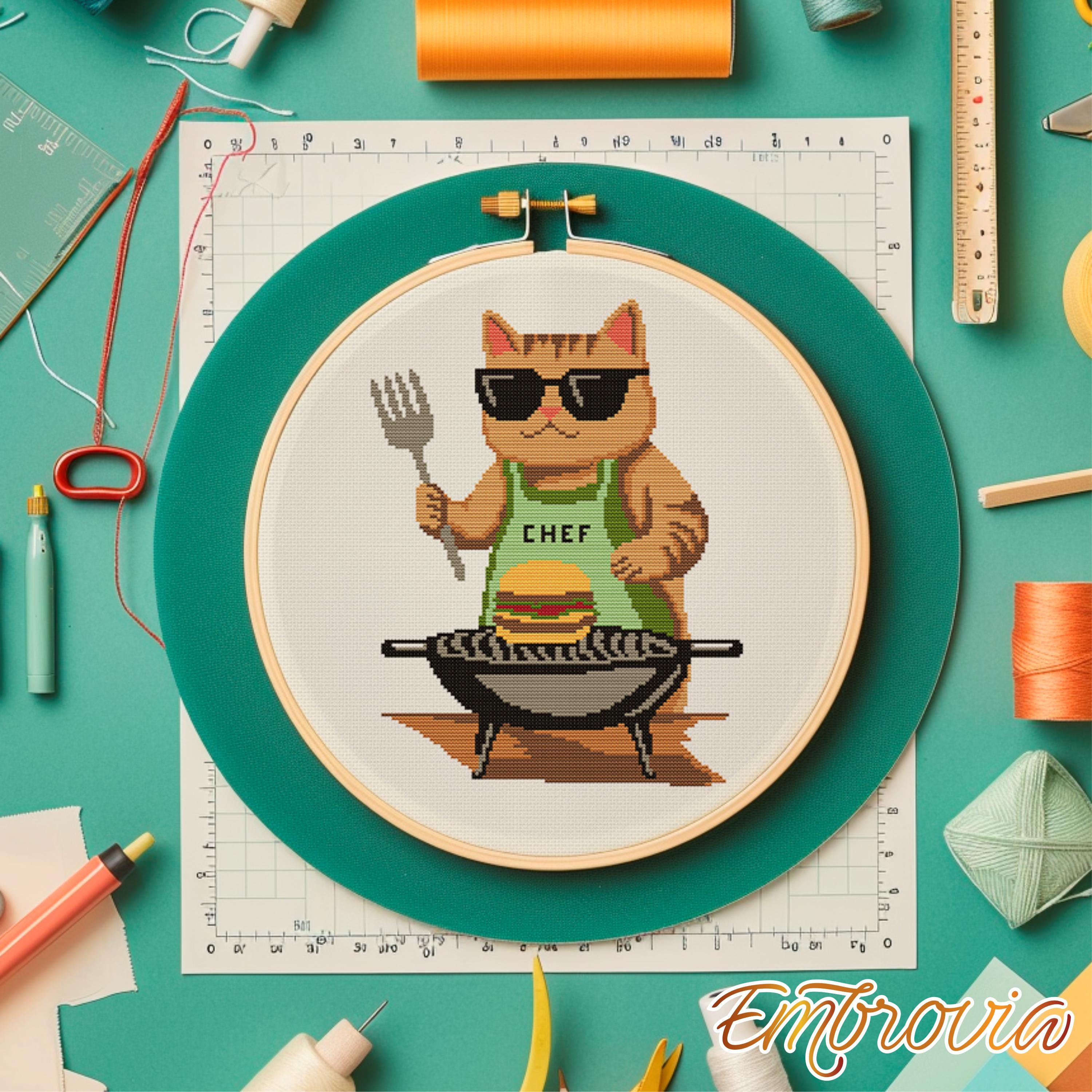 BBQ Chef Cat Cross Stitch Pattern – Funny Grilling Kitty With ...