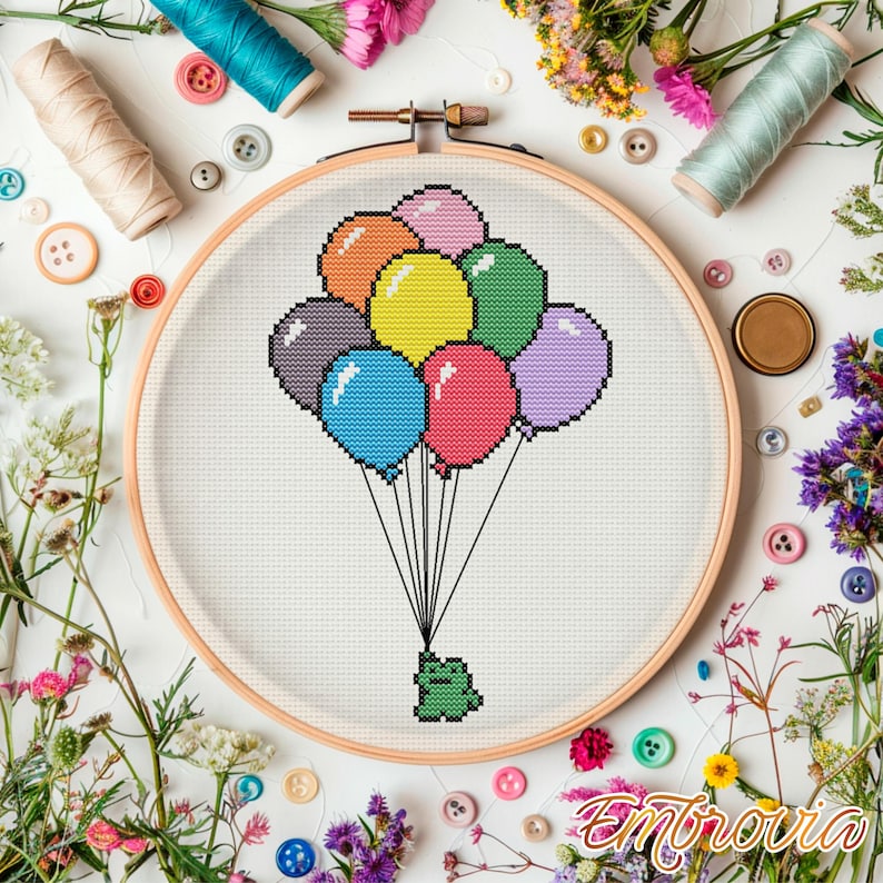 Lift-off Balloon Bouquet. Cheerful Party Balloons Cross Stitch Pattern ...