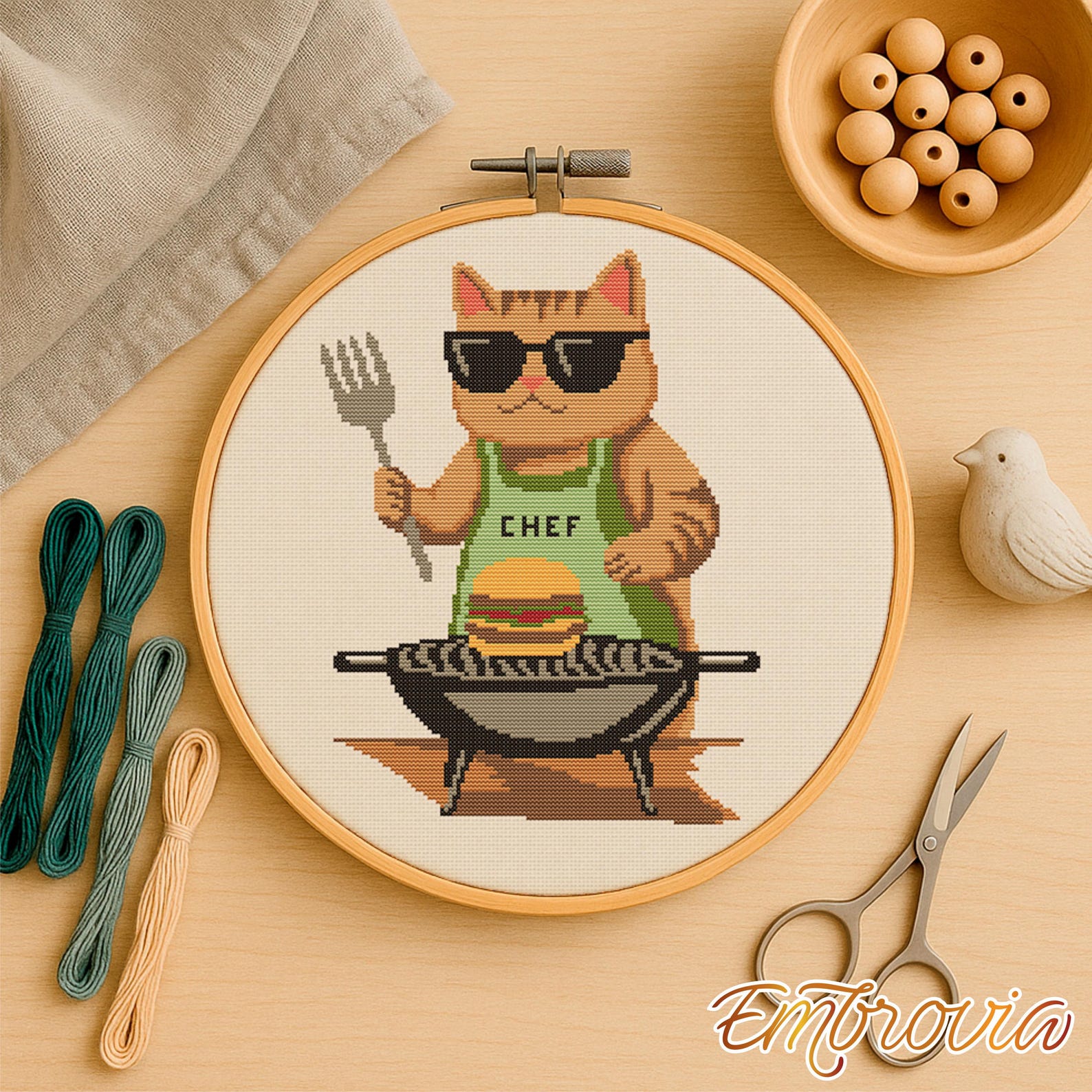 BBQ Chef Cat Cross Stitch Pattern – Funny Grilling Kitty With ...
