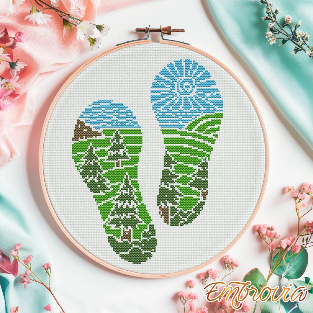 Footprints of the Wild – Scenic Cross Stitch Pattern With Mountains ...