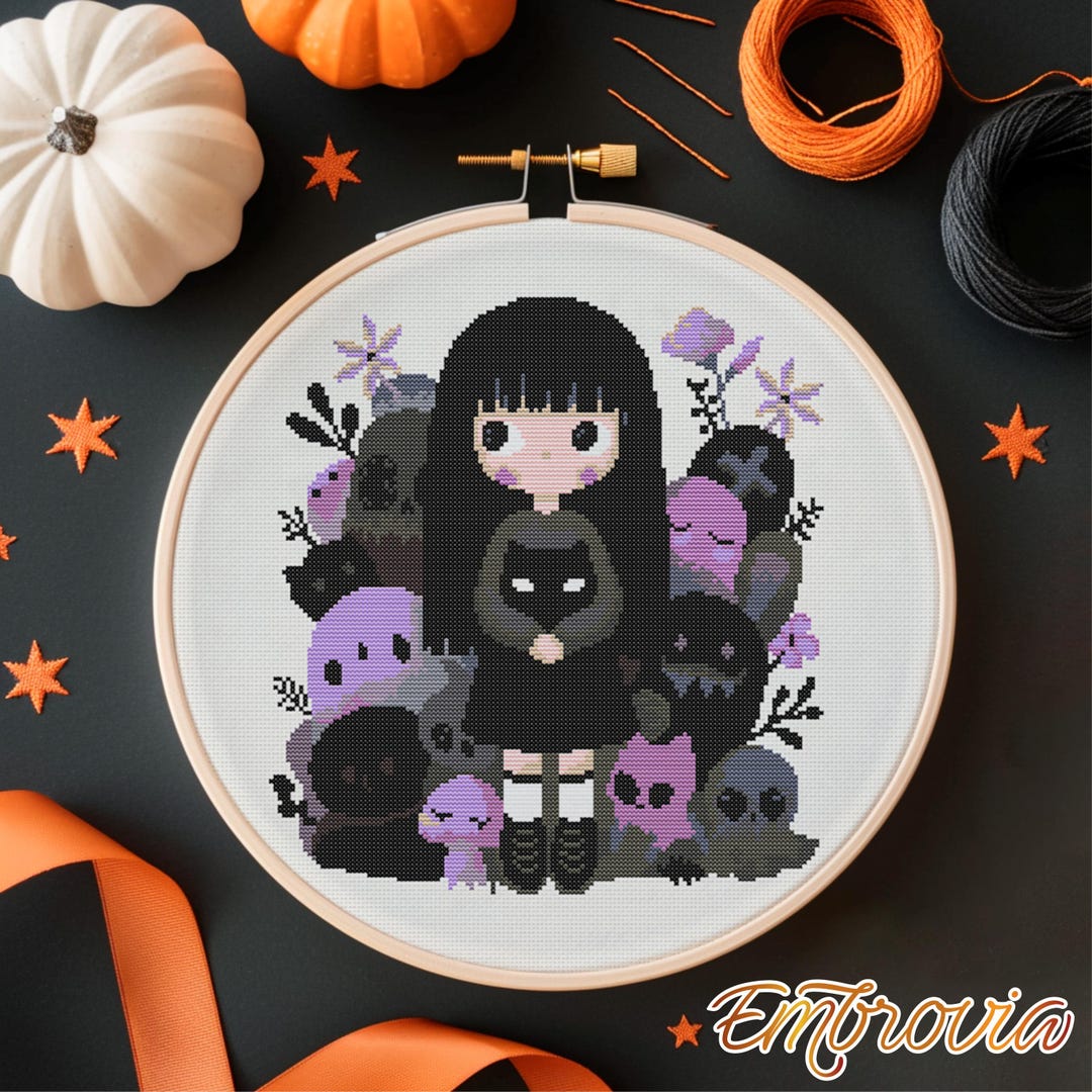 Goth Girl and Creatures – Cute Gothic Cross Stitch Pattern With Kawaii ...