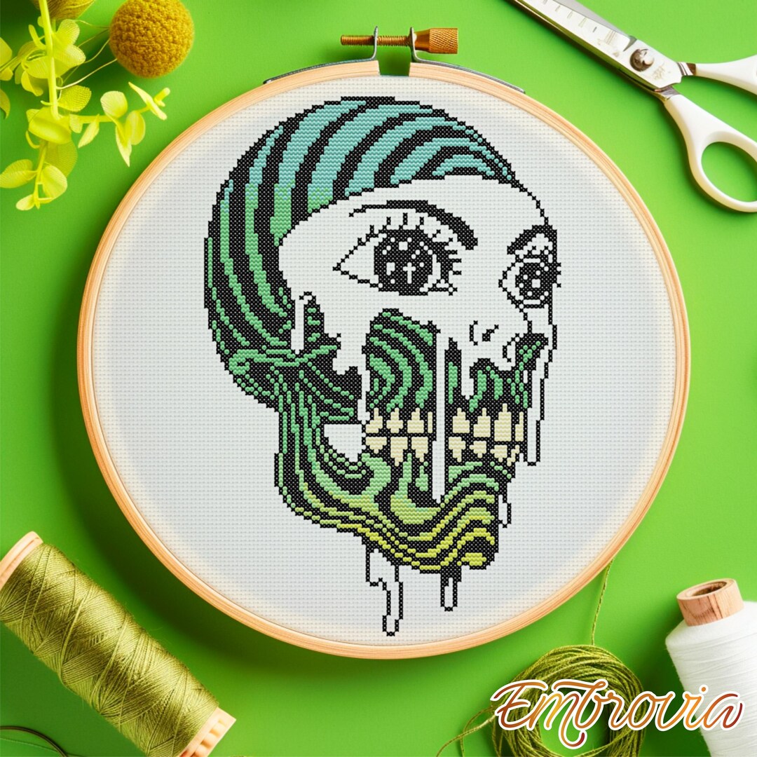 Wavy Melt Skull — Surreal Psychedelic Drip Portrait Cross Stitch ...